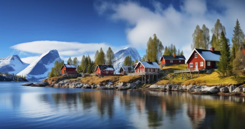 A Calm Afternoon Scene with Small Houses Lining the Tranquil Lakeside ...