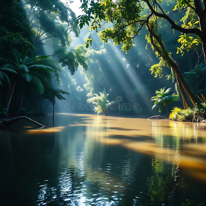 Calm Amazon River with Sunlight through Canopy Stock Image - Image of ...