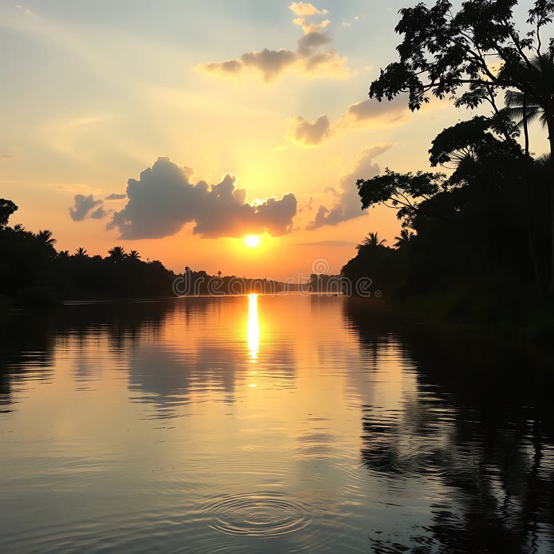 Calm Amazon River with Sunrise Reflections Stock Photo - Image of ...