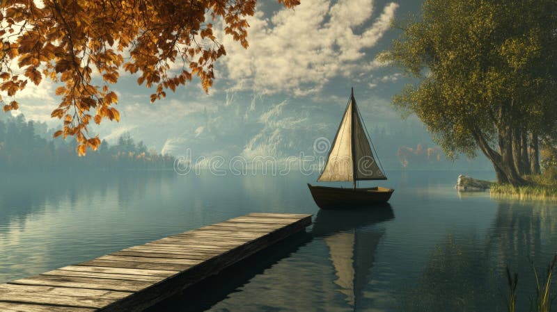 Calm Autumn Lake Scene with Sailboat and Dock Stock Illustration ...