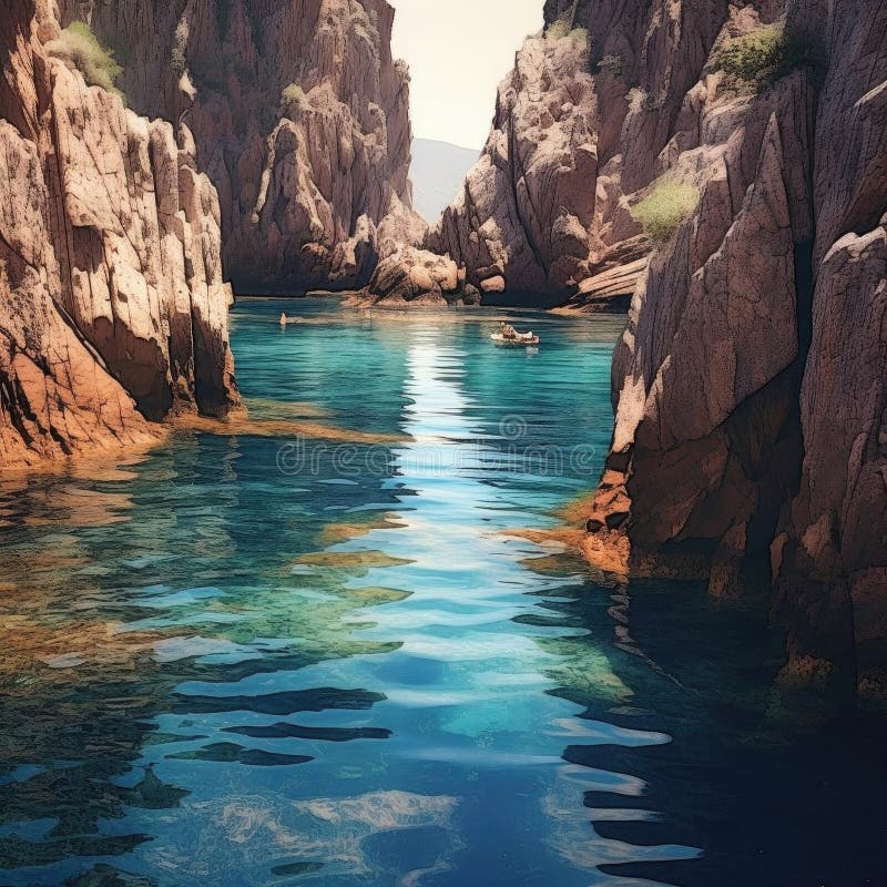 Calm Bay with Clear Water and Rocky Cliffs Stock Illustration ...
