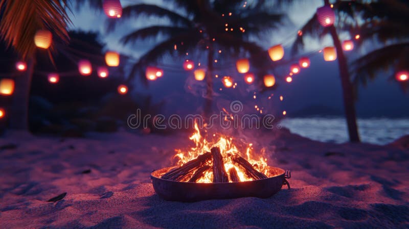 Calm Beach Night Setting with a Fire Pit and Lanterns Stock Image ...