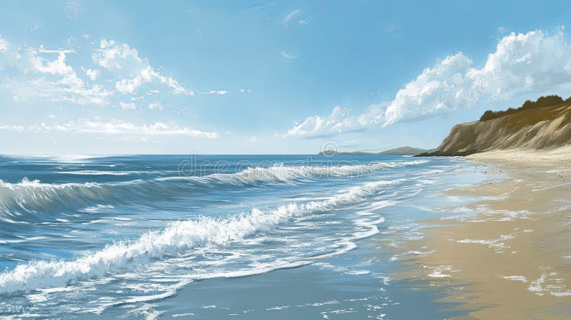 A Calm Beach Scene with Gentle Waves Lapping at the Shore Under a Stock ...
