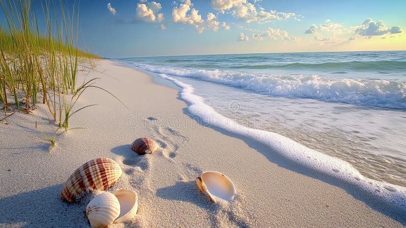 A Calm Beach Scene with Gentle Waves, Seashells, and Footprints in the ...