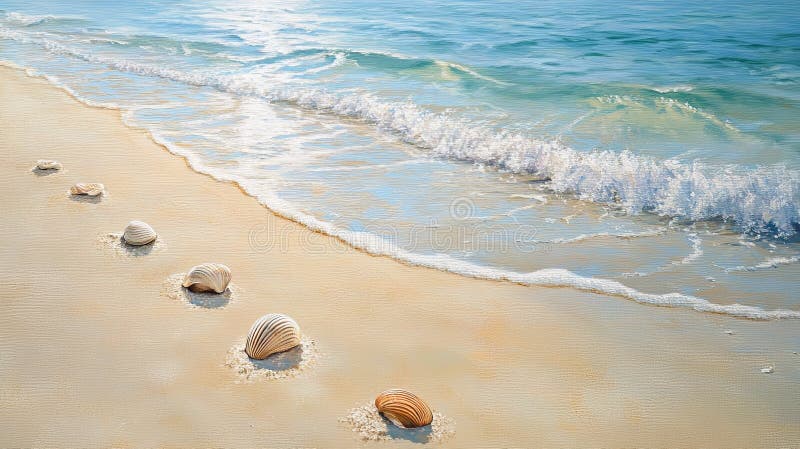 A Calm Beach Scene with Gentle Waves, Seashells, and Footprints in the ...