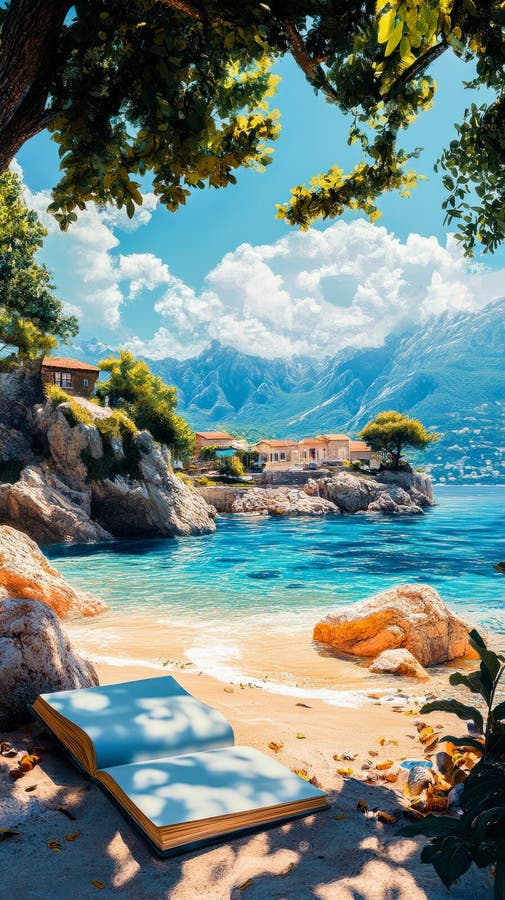 Calm Beach Setting with a Book Resting on Soft Sand and Stunning Views ...