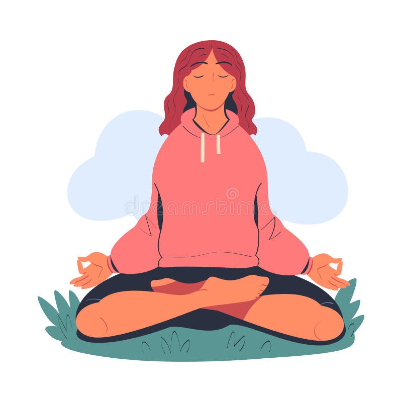 Calm Beautiful Woman Meditating In Lotus Position On Nature Cartoon
