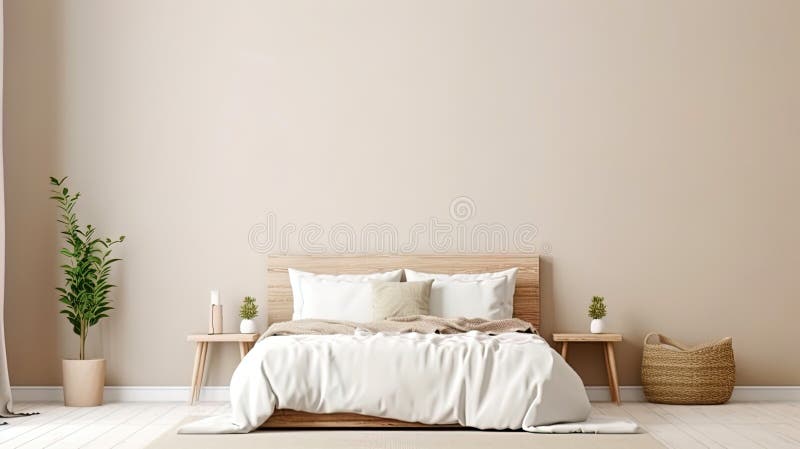 Calm Beige Bedroom with an Empty Wall Layout Stock Photo - Image of ...
