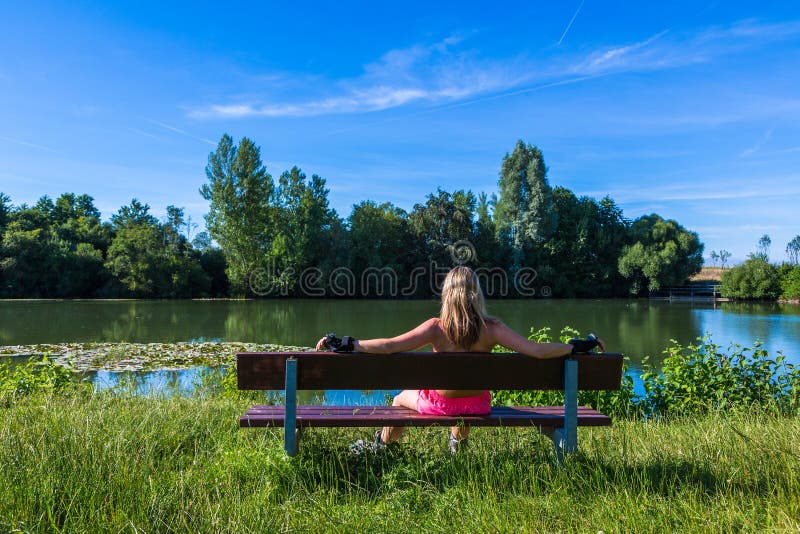 Calm bench stock image. Image of time, blue, woman, sports - 75570187
