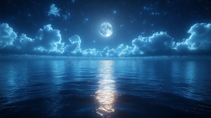 Calm Blue Sea with Night Sky with Blue Moon Stock Illustration ...
