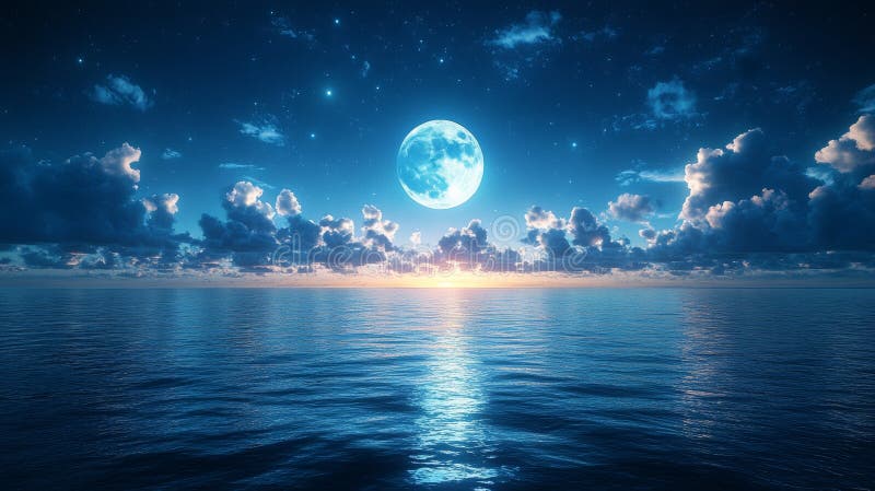 Calm Blue Sea with Night Sky with Blue Moon Stock Illustration ...