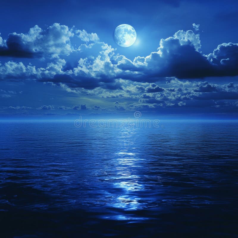 Calm Blue Sea with Night Sky with Blue Moon Stock Illustration ...