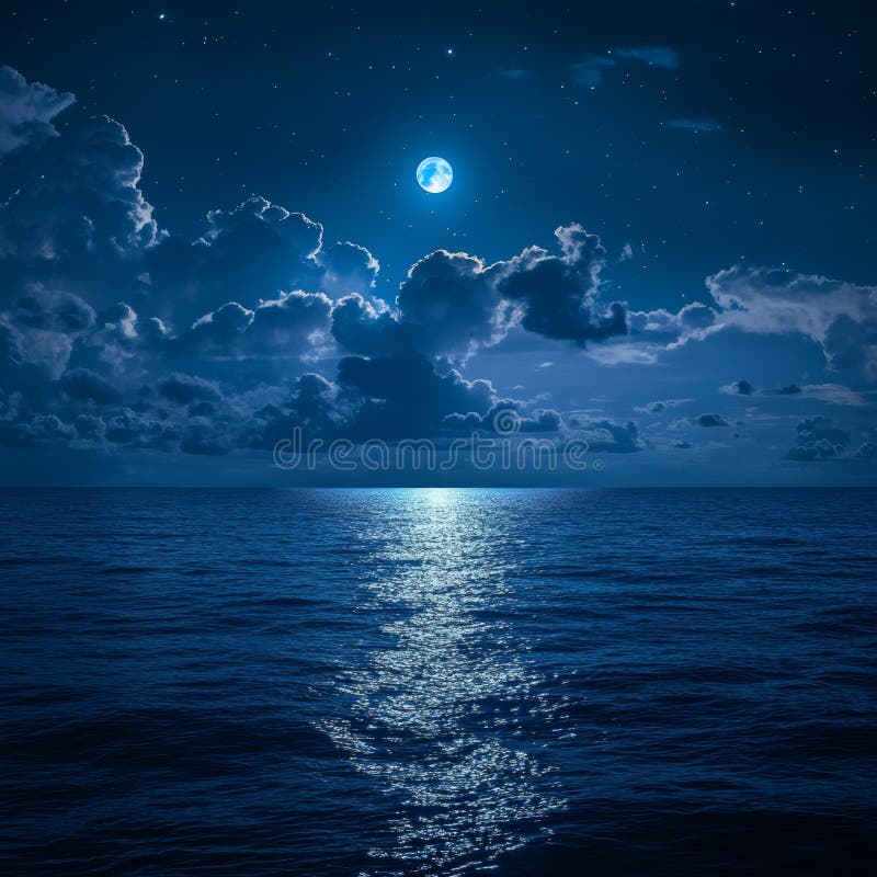 Calm Blue Sea with Night Sky with Blue Moon Stock Illustration ...