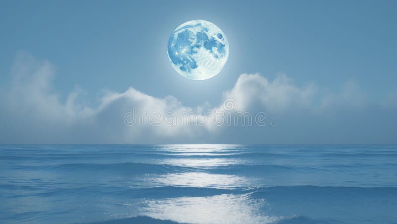 Calm Blue Sea with Night Sky with Blue Moon in Clouds Stock ...