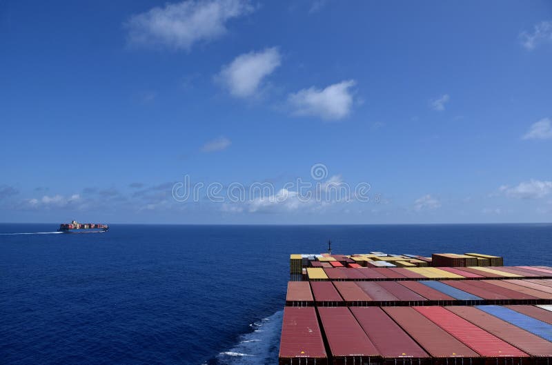 Calm Blue Sea with Sailing Container Ship. Stock Photo - Image of ...