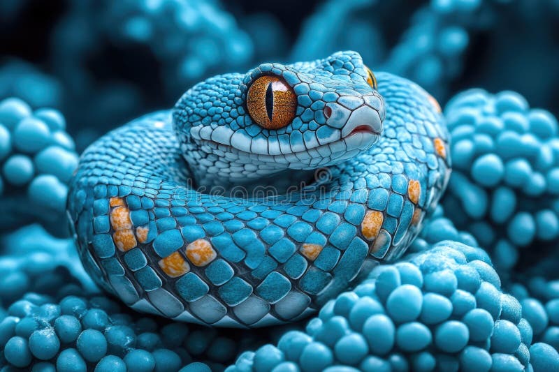 Calm Blue Snake Coiled on Bumpy Surface with Striking Orange Eyes. AI ...