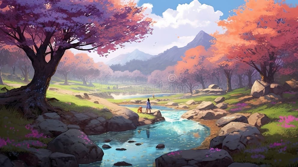 A Calm Cherry Tree Landscape Illustration with a Small River, Ai ...