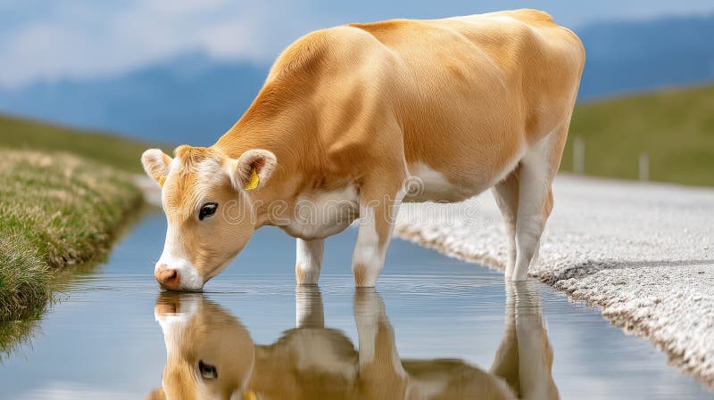 Calm Cow Drinking Water by Roadside with Reflective Surface Stock ...
