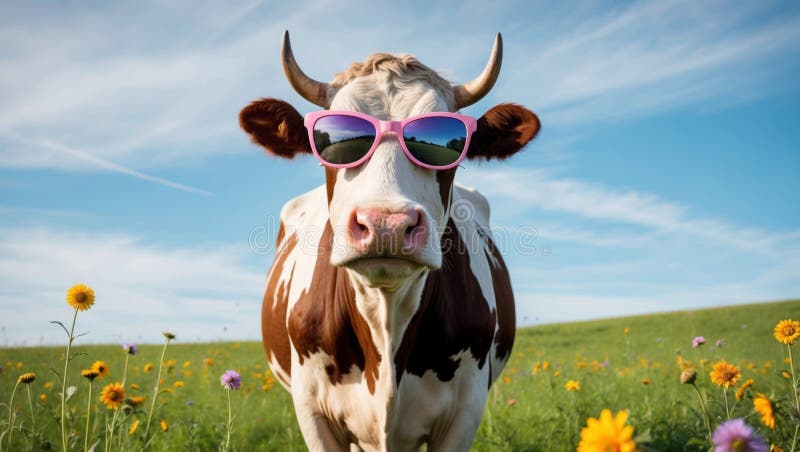 A Calm Cow with Pink Sunglasses Standing in a Field. Stock Image ...