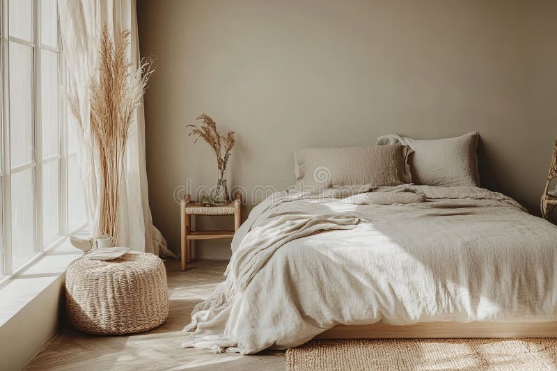 Calm and Cozy Bedroom in Neutral Shades Ai Stock Image - Image of color ...