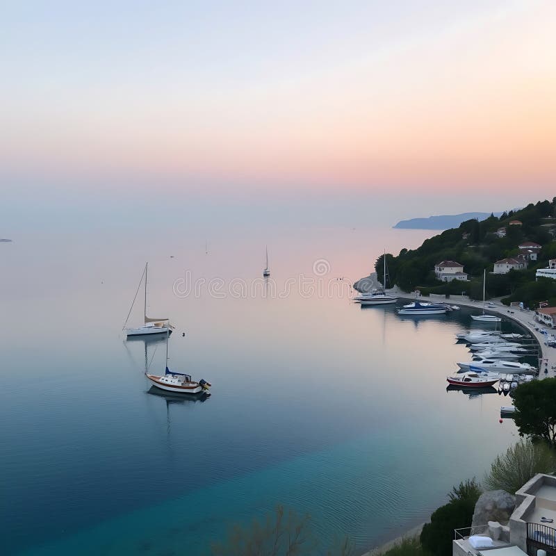 Calm Croatian Bay with Boats at Dawn Stock Illustration - Illustration ...