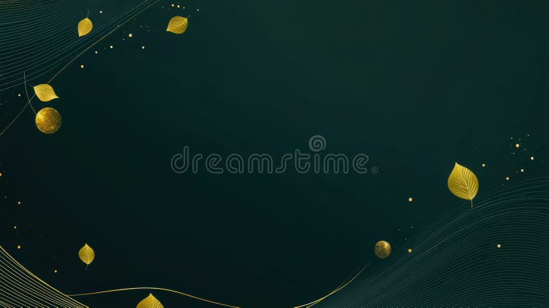 Calm Deep Green Background with Golden Leaves and Planets for Elegant ...