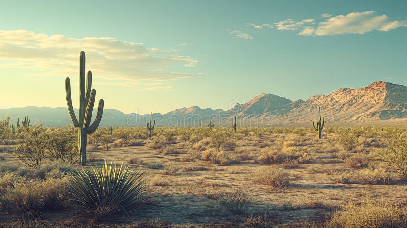 A Calm Desert Landscape with Cacti and a Distant Mountain Range Stock ...