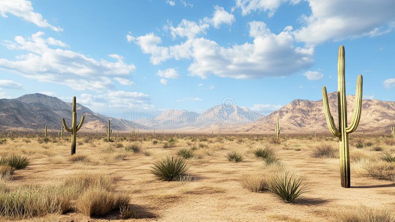 A Calm Desert Landscape with Cacti and a Distant Mountain Range Stock ...