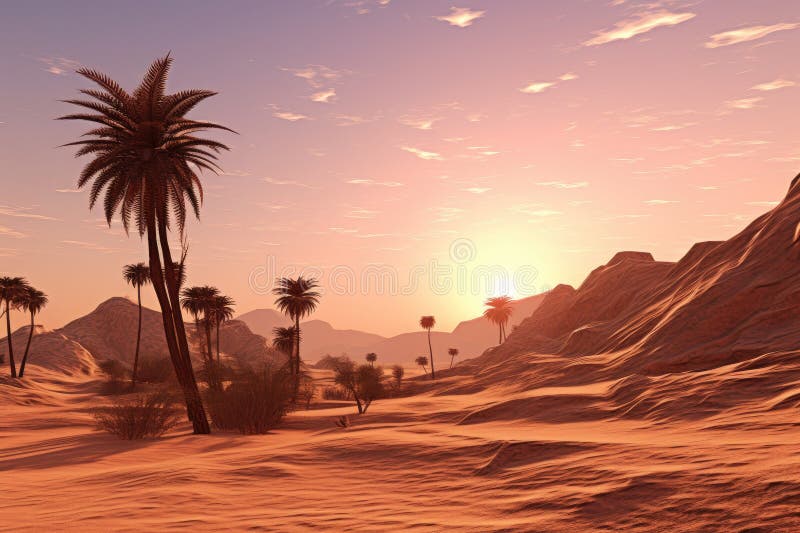 Calm Desert View with Palm Trees Stock Illustration - Illustration of ...