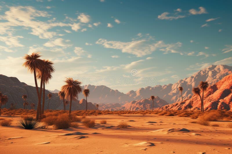 Calm Desert View with Palm Trees Stock Illustration - Illustration of ...