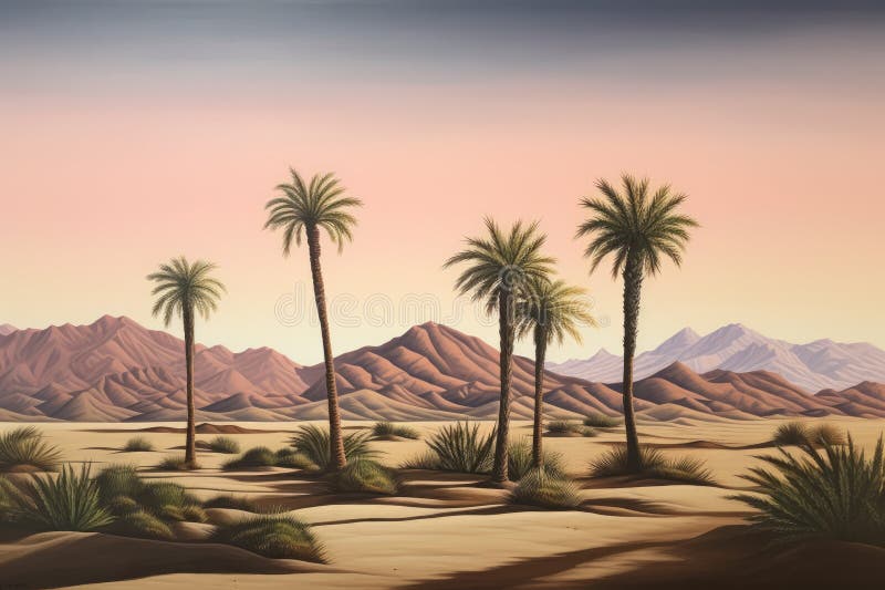 Calm Desert View with Palm Trees Stock Illustration - Illustration of ...