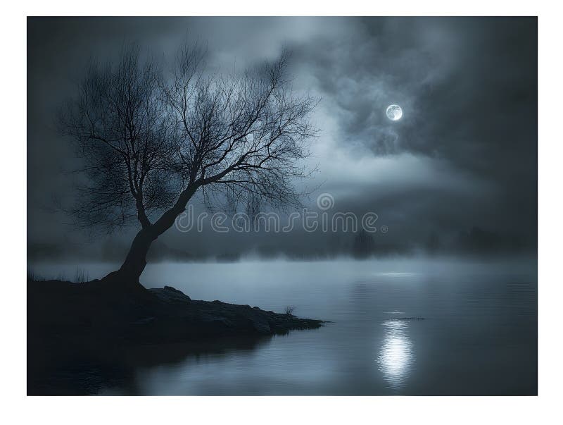 A Calm, Eerie Lake in the Moonlight with a Single Tree Stock ...