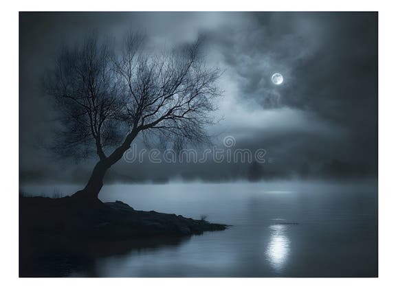A Calm, Eerie Lake in the Moonlight with a Single Tree Stock ...