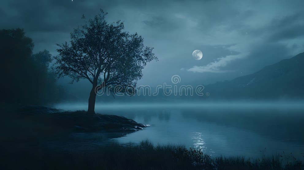 A Calm, Eerie Lake in the Moonlight with a Single Tree Stock ...