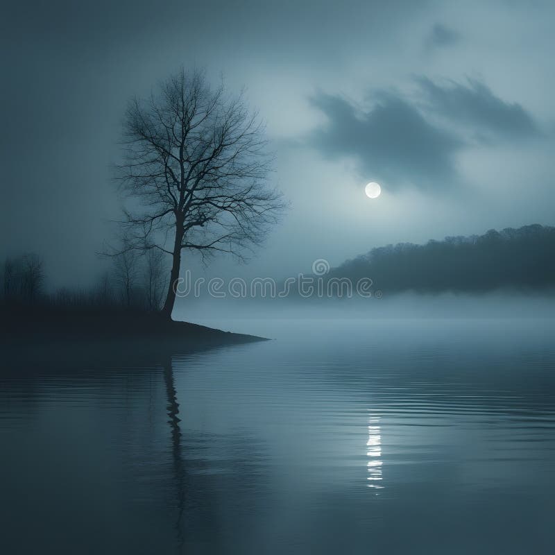 A Calm, Eerie Lake in the Moonlight with a Single Tree Stock ...