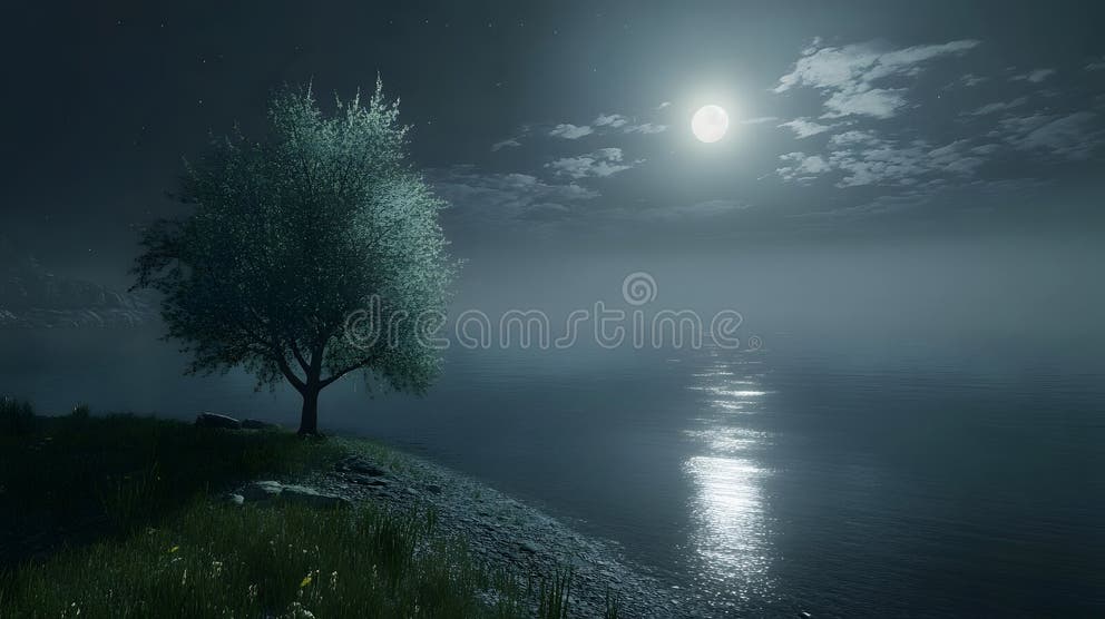 A Calm, Eerie Lake in the Moonlight with a Single Tree Stock ...