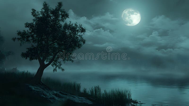 A Calm, Eerie Lake in the Moonlight with a Single Tree Stock ...