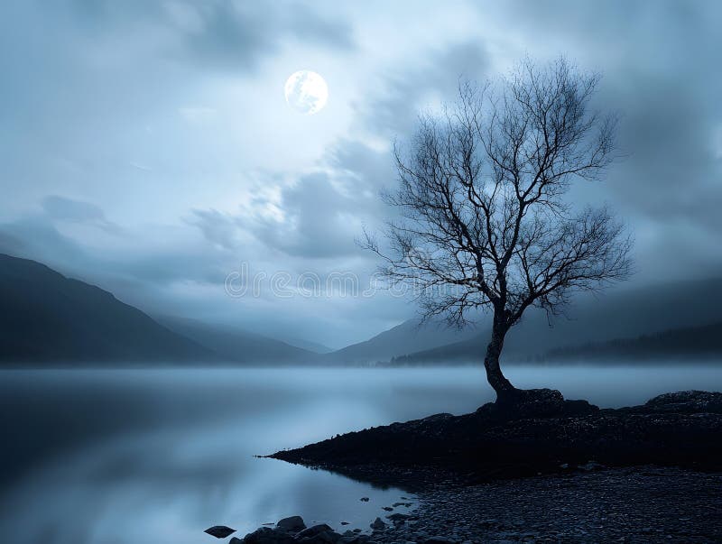 A Calm, Eerie Lake in the Moonlight with a Single Tree Stock ...