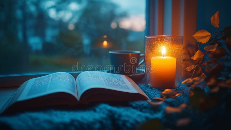 Calm Evening Scene Open Book Cup Coffee Candle Flickering Softly Small ...
