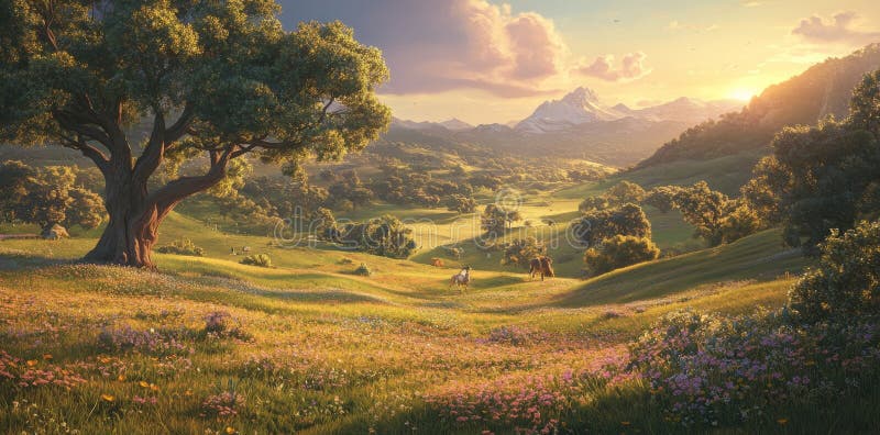 Calm Expanse of Gently Sloping Hills and Vivid Trees at Daybreak. Stock ...