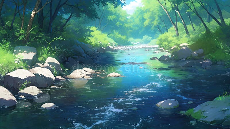 A Calm Flowing River Scenery in a Shady Forest, Anime Manga Artwork ...