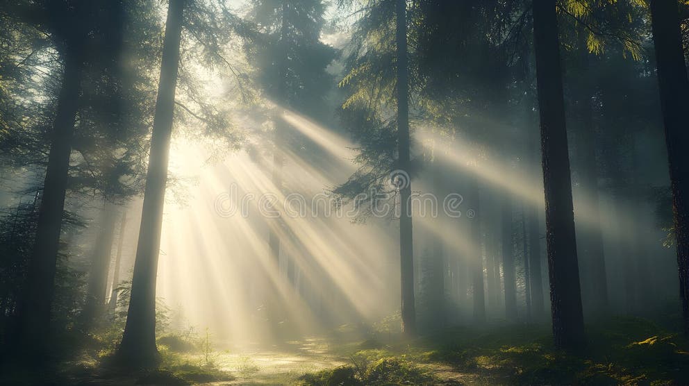 Calm Forest Scene with Rays of Sunlight Shining through Tall Trees ...