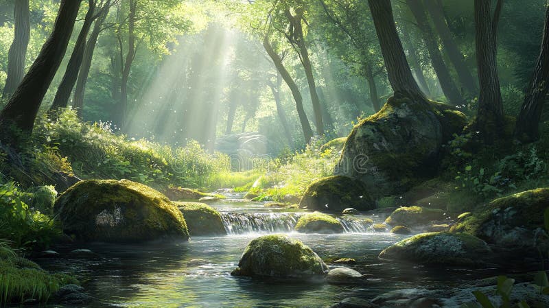 A Calm Forest Stream with Moss-covered Rocks and Soft Sunlight Stock ...