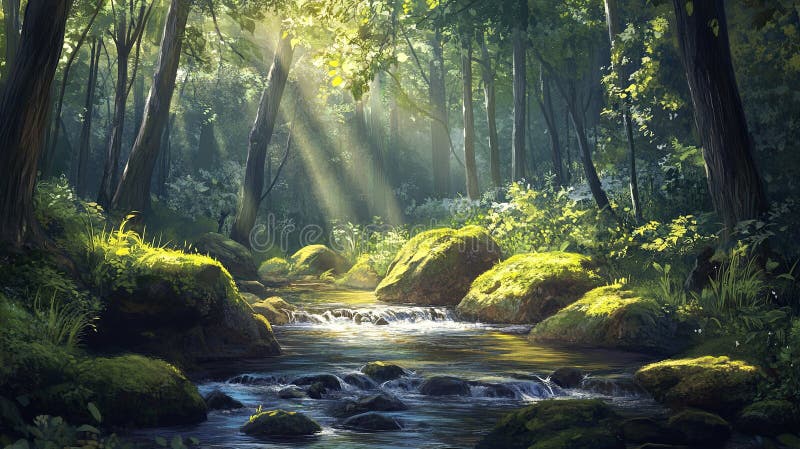 A Calm Forest Stream with Moss-covered Rocks and Soft Sunlight Stock ...