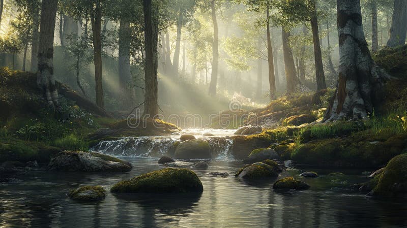 A Calm Forest Stream with Moss-covered Rocks and Soft Sunlight Stock ...