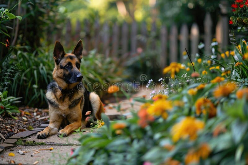 Calm German Shepherd Relaxing in a Lush Garden Setting AI Stock Photo ...