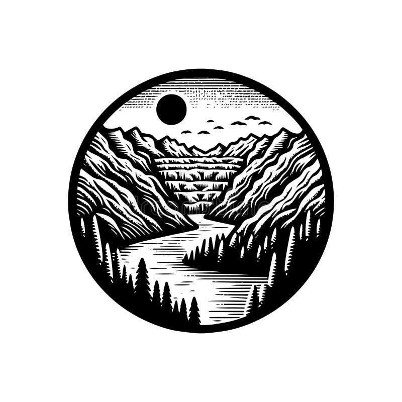 Calm Glacier River in Vintage Rustic Style Vector Illustration. Stock ...