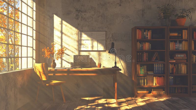 Calm Home Office Environment with Sunlight and Built-in Bookcases Stock ...