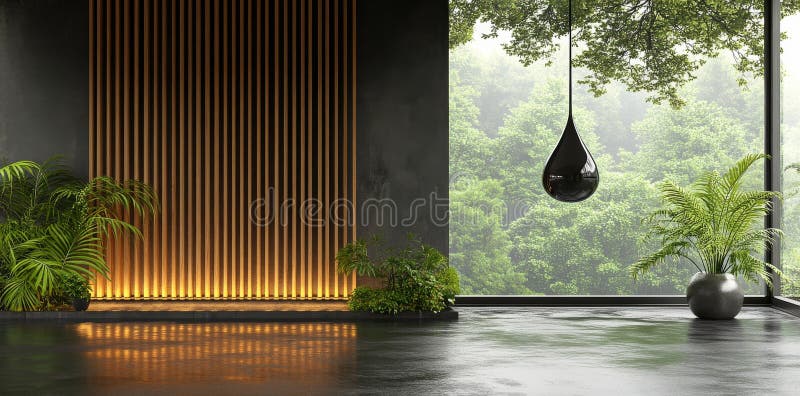 Calm Interior Decor with Rain Drop Elements and Lush Plant Life Stock ...