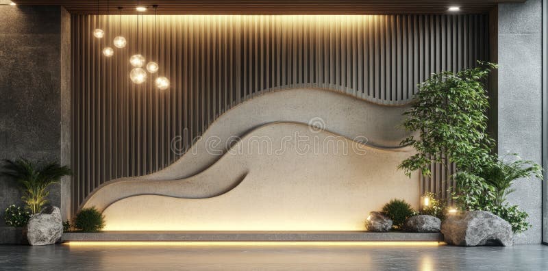 Calm Interior Featuring Wavy Wall Panels and Soft Lighting Stock Photo ...